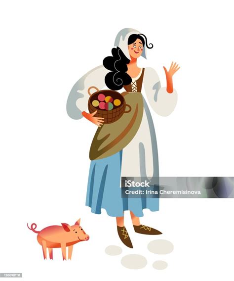 Vetores De Personagem De Camponesa Medieval Pobre Jovem E Feliz Na