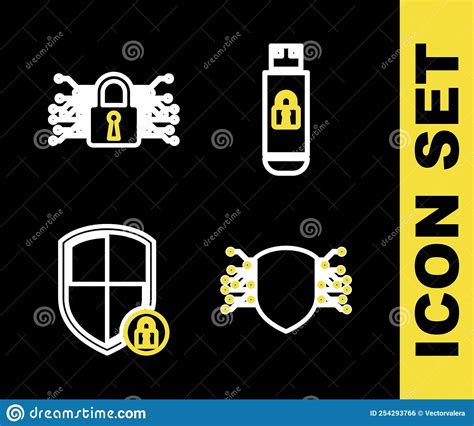 Set Line USB Flash Drive With Lock Cyber Security Shield And Icon Vector Stock Vector