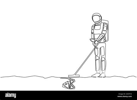Continuous One Line Drawing Of Astronaut With Metal Detector Looking
