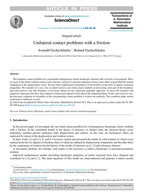 Pdf Unilateral Contact Problems With A Friction