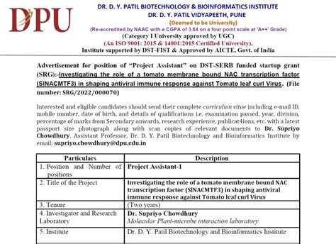 Project Asst 1 Under Dst Serb Project At Dpu Biotech And Bioinformatics Institute Pune