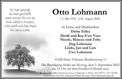 Traueranzeigen Von Otto Lohmann Trauer Anzeigende