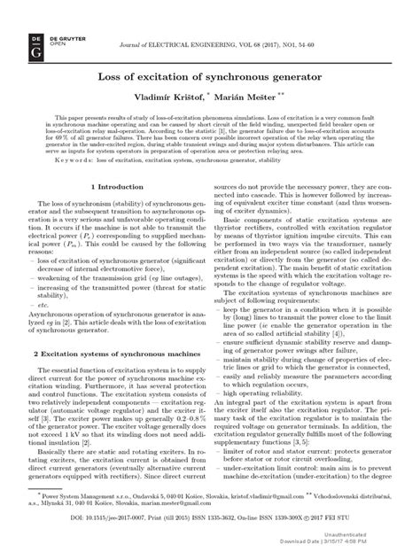 Loss Of Excitation Of Synchronous Generator Pdf Electric Generator Electrical Grid