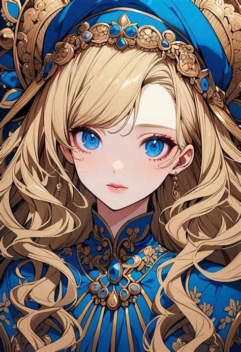 파란색 모자와 파란색 셔츠를 입은 금발 소녀의 초상화 Seaart Ai