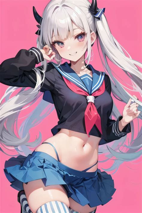 긴 흰 머리와 파란색과 흰색 줄무늬 치마를 입은 애니메이션 소녀 Seaart Ai