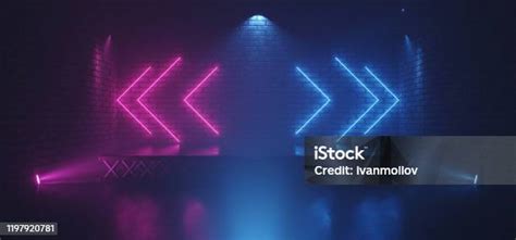 연기 안개 네온 레이저 튜브 화살표 모양의 포인터 무대 건설 연단 벽돌 방 차고 댄스 클럽 복고풍 밤 미래 공상 과학 소설