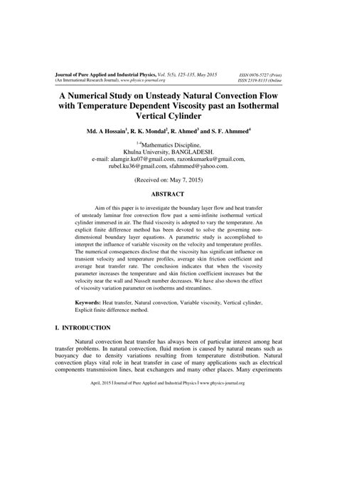 PDF A Numerical Study On Unsteady Natural Convection Flow With Temperature Dependent Viscosity
