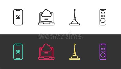 Set Line Mobile With 5g Network Cloud Connection Antenna And Remote Control On Black And White