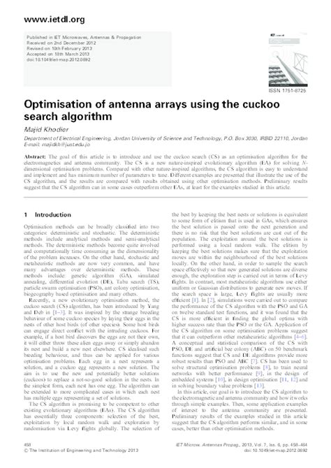 Pdf Optimisation Of Antenna Arrays Using The Cuckoo Search Algorithm