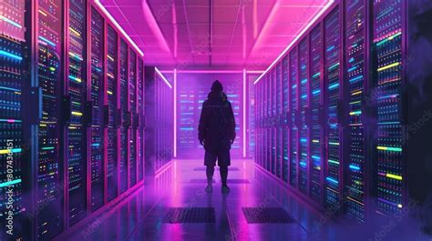 Man Standing In Server Room Of Large Data Center Computer Engineering And Big Data Concept