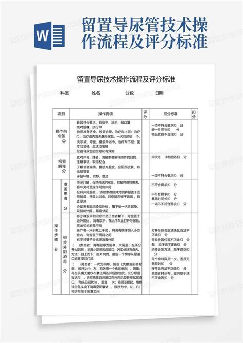 留置导尿管技术操作流程及评分标准Word模板下载 编号qemdgojg 熊猫办公