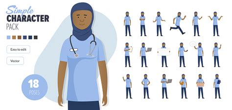 심플한 플랫 여성 무슬림 간호사 여러 포즈의 집합에서 머리 스카프 벡터 캐릭터를 가진 여자 간호사에 대한 스톡 벡터 아트 및