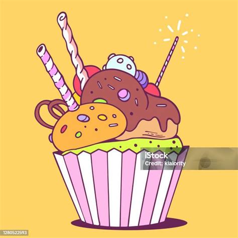 쿠키 스파클러 노란색 배경에 와플 달콤한 만화 컵 케이크의 벡터 그림 0명에 대한 스톡 벡터 아트 및 기타 이미지 0명 귀여운 기념일 Istock