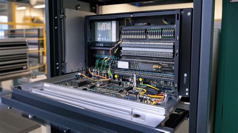 Open Industrial Control Panel Showing Complex Circuitry And Wiring In A Manufacturing Facility
