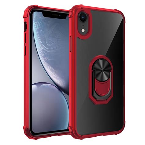 For IPhone XR Shockproof Transparent TPU Acrylic Protective Case With Ring Holder Red