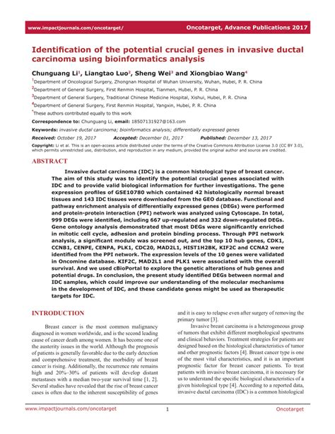 Pdf Identification Of The Potential Crucial Genes In Invasive Ductal