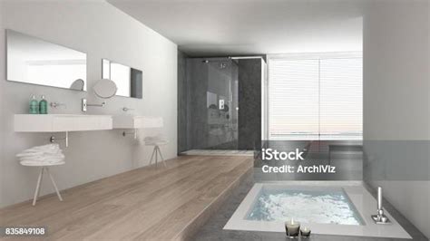 미니 멀 화이트 욕실 욕조와 파노라마 창 고전적인 인테리어 디자인 목재 강화마루에 대한 스톡 사진 및 기타 이미지 목재 강화마루 화장실 건축물 바닥재 Istock