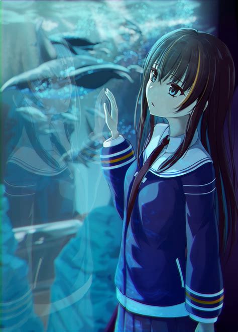 Safebooru 1girl Aquarium Bird Black Necktie Blonde Hair Blue Eyes