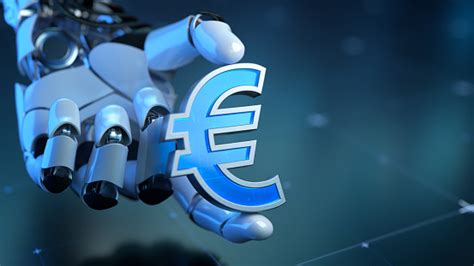 미래 지향적 인 환경에서 디지털 유로 기호를 들고 로봇 식 손 인공지능에 대한 스톡 사진 및 기타 이미지 인공지능 유럽 연합 통화 유럽연합 화폐 단위 Istock