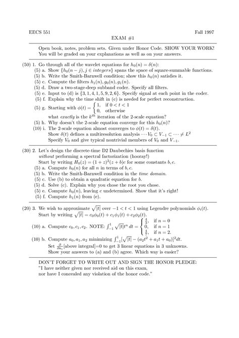 Eecs 551 Fall 1997 Exam 1 Signal Processing And Wavelets Exams Electrical And Electronics