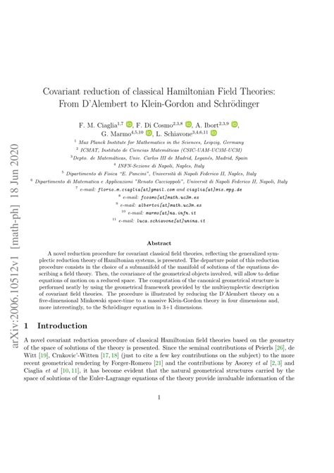 Pdf Covariant Reduction Of Classical Hamiltonian Field Theories From Dalembert To Klein