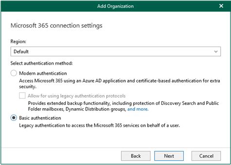 how to add organization with basic authentication at veeam backup for
