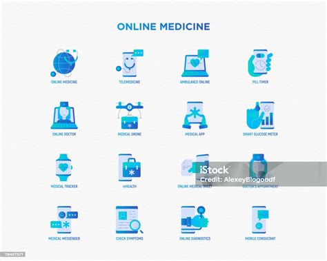 온라인 의학 원격 의학 그라데이션 평면 아이콘 세트 알약 타이머 구급차 온라인 스마트 포도당 미터 의료 무인 항공기 의료 추적기 메신저 현대 벡터 그림입니다 아이콘에 대한