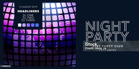 야간 파티 벡터 일러스트 배너 이벤트 및 Dj 이름에 대한 텍스트디스코 포스터 디스코 볼의 질감이 있는 배경 Dj에 대한 스톡 벡터 아트 및 기타 이미지 Istock