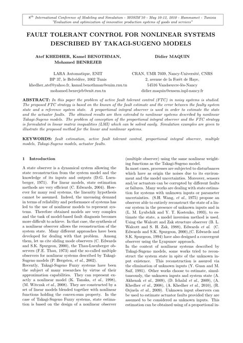 Pdf Fault Tolerant Control For Nonlinear Systems Described By Takagi