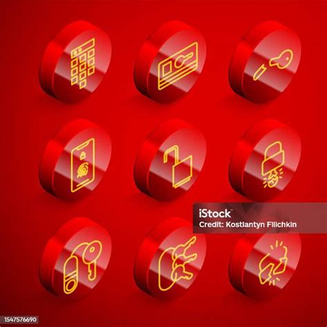 라인 암호 보호 키 카드 깨진 키 지문 스캔 기능이 있는 모바일 자물쇠 열기 내부 파손 집 및 무리 키 아이콘 설정 벡터 3차원 형태에 대한 스톡 벡터 아트 및 기타 이미지