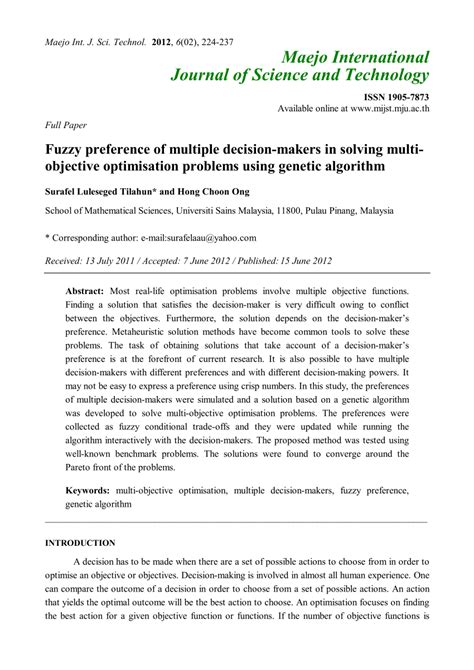 pdf fuzzy preference of multiple decision makers in solving multi objective optimisation