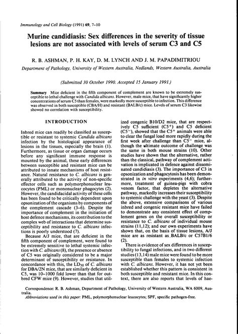 Pdf Murine Candidiasis Sex Differences In The Severity Of Tissue Lesions Are Not Associated
