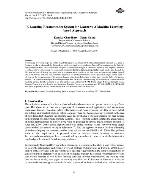 Pdf E Learning Recommender System For Learners A Machine Learning Based Approach