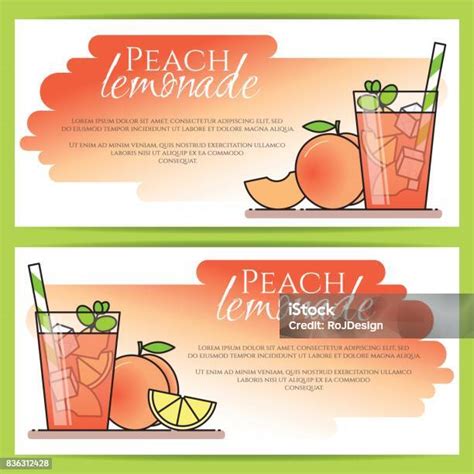 레모네이드 과일 조각과 복숭아 얼음 및 레몬과 복숭아를 잘라 빨 대와 유리에 의미 수평 배너의 집합입니다 감귤류 과일에 대한
