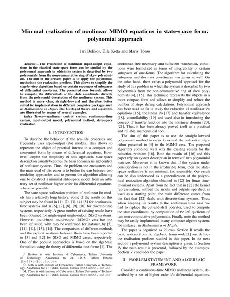 Pdf Minimal Realization Of Nonlinear Mimo Equations In State Space