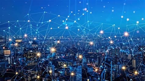 A Digital Network Overlay On A Cityscape Representing Connectivity And Technology Stock