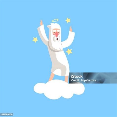 행복 한 수염된 하나님 캐릭터 별 둘러싸인 흰 구름에 춤 종교 인사말 카드 포스터 또는 인쇄에 대 한 그림 블루에 고립 된 평면 벡터 개념에 대한 스톡 벡터 아트 및 기타