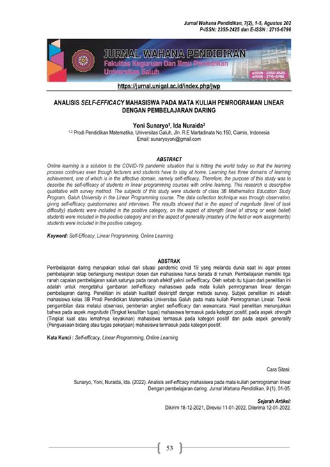Pdf Analisis Self Efficacy Mahasiswa Pada Mata Kuliah Pemrograman Linear Dengan Pembelajaran