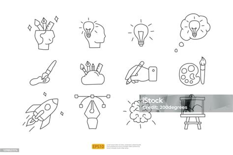 두뇌 기호와 창의성 관련 낙서 아이콘 개념 창조적 인 디자인 아이디어 영감 브레인 스토밍 시작 및 스트로크 라인 벡터 일러스트를 생각 개념에 대한 스톡 벡터 아트 및 기타