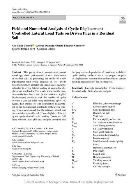 Field And Numerical Analysis Of Cyclic Displacement Controlled Lateral