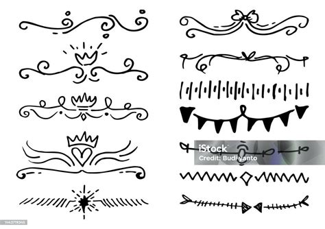 손으로 그린 텍스트 구분선 세트 선 테두리 및 월계관은 흰색 배경에 격리된 디자인 요소를 설정합니다 개체 그룹에 대한 스톡 벡터