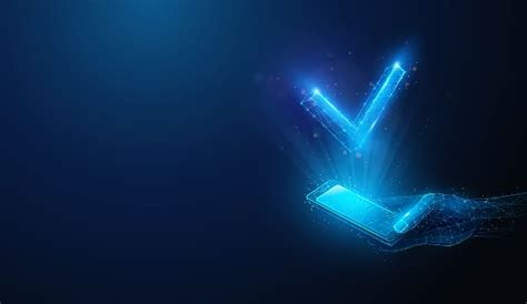 손에 든 스마트폰 위의 Low Poly 체크 표시 추상적 인 기하학적 그림은 파란색 배경에 와이어 프레임 메쉬로 개인 작업 및