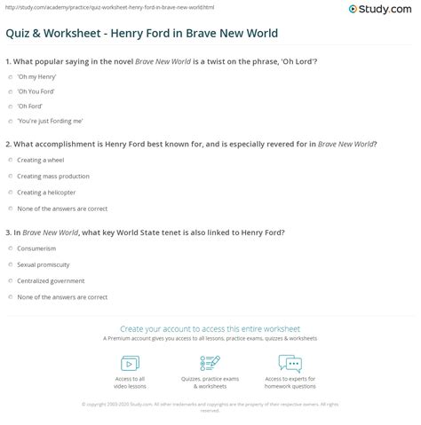 Quiz And Worksheet Henry Ford In Brave New World
