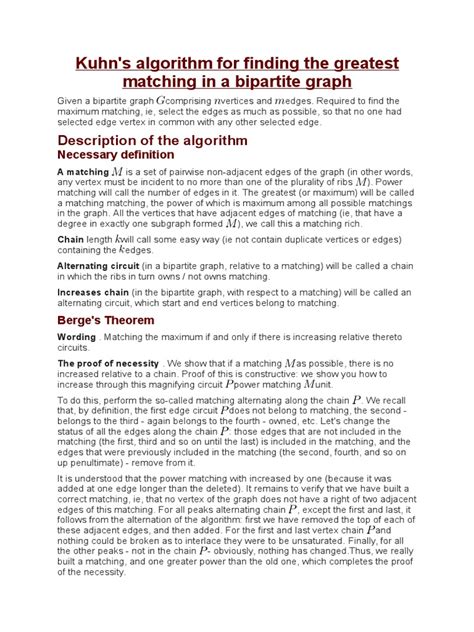 Kuhns Algorithm For Finding The Greatest Matching In A Bipartite Graph
