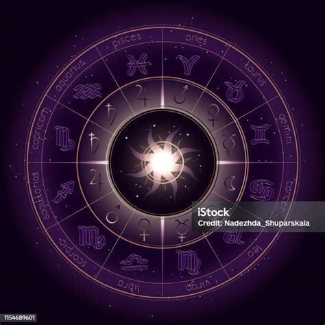 별자리 동그라미 벡터 일러스트 레이 션 기하학 패턴과 별이 빛나는 밤 하늘 배경에 조디악 기호 및 픽토그램 점성술 행성 3차원 형태에 대한 스톡 벡터 아트 및 기타 이미지