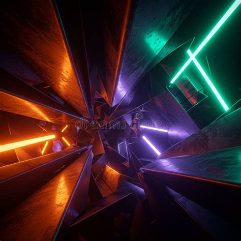 Futuristic Abstract Scene Featuring Angular Metallic Structures Illuminated By Colorful Stock