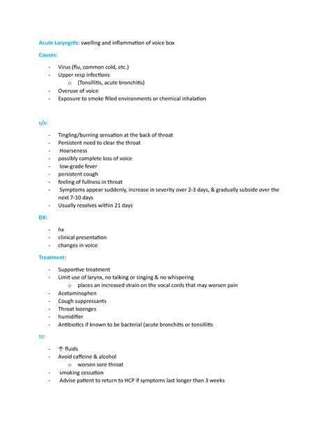 Acute Laryngitis Notes Acute Laryngitis Swelling And Inflammation Of Voice Box Causes