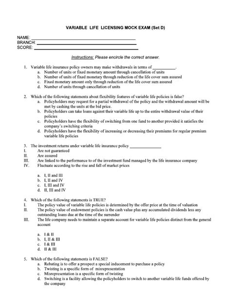 Variable Mock Exam Pdf