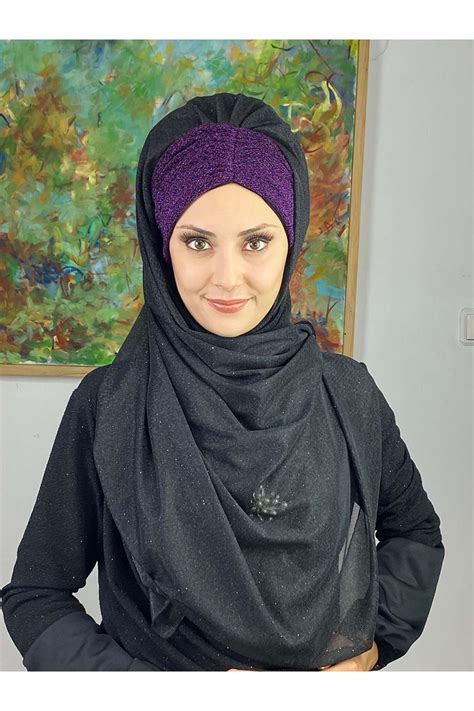 Çift Renkli Sultan Model Siyah Mor Simli Şifon Büzgülü Şal