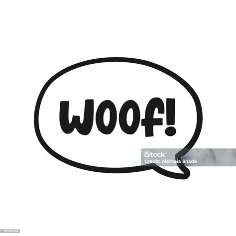 말풍선 풍선 낙서에 있는 Woof 텍스트 만화 만화 개 짖는 소리 효과와 글자 흰색 배경에 간단한 흑백 윤곽선 평면 벡터 그림